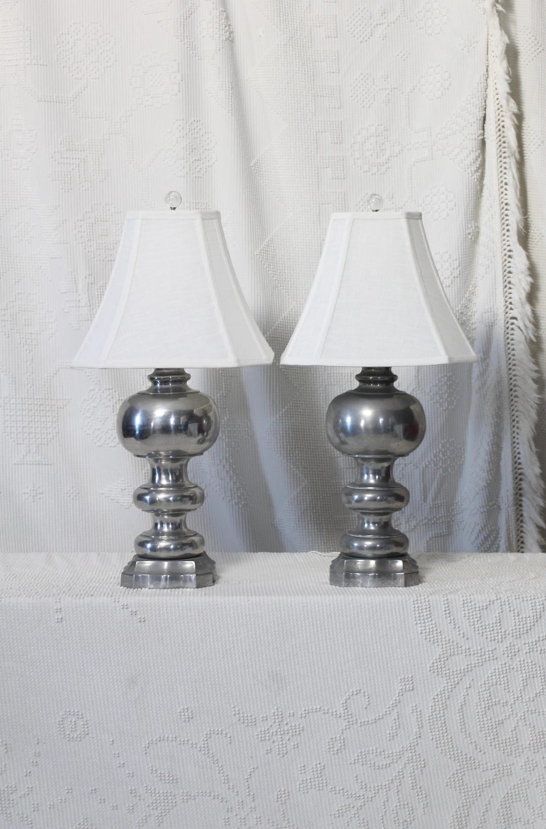 Pewter Pair of Large Lamps - Lamp Pair - Nickel - Silver Lamp ...