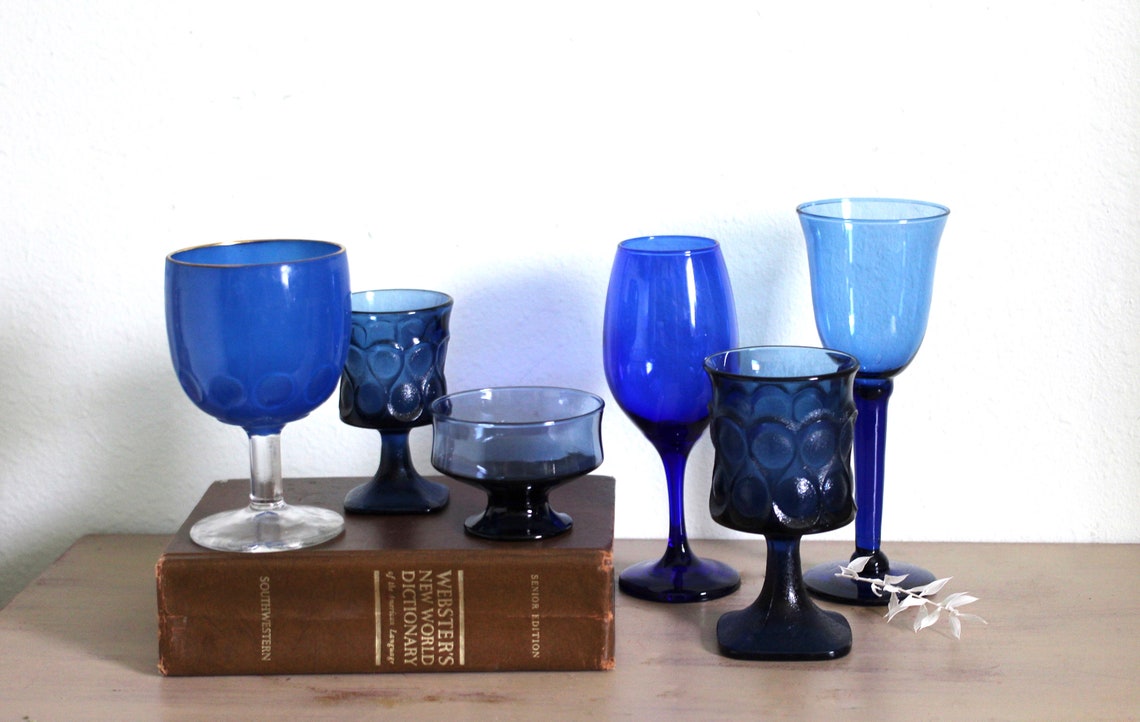 Set of 6 Blue Goblets - Wine Glasses - Blue Glasses - Blue Wine ...