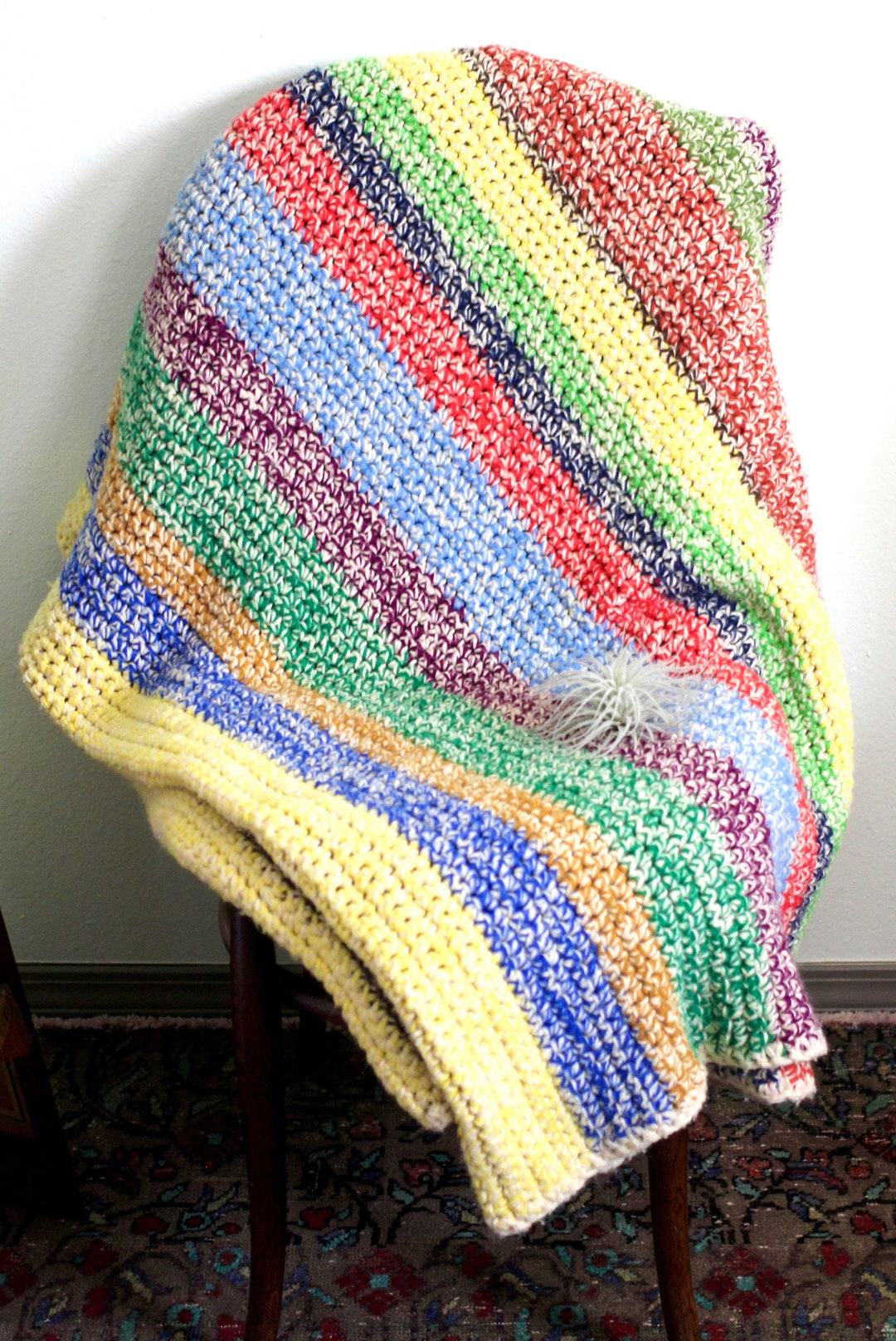 Rainbow and Cream Striped Blanket - Retro Blanket - Striped Throw ...
