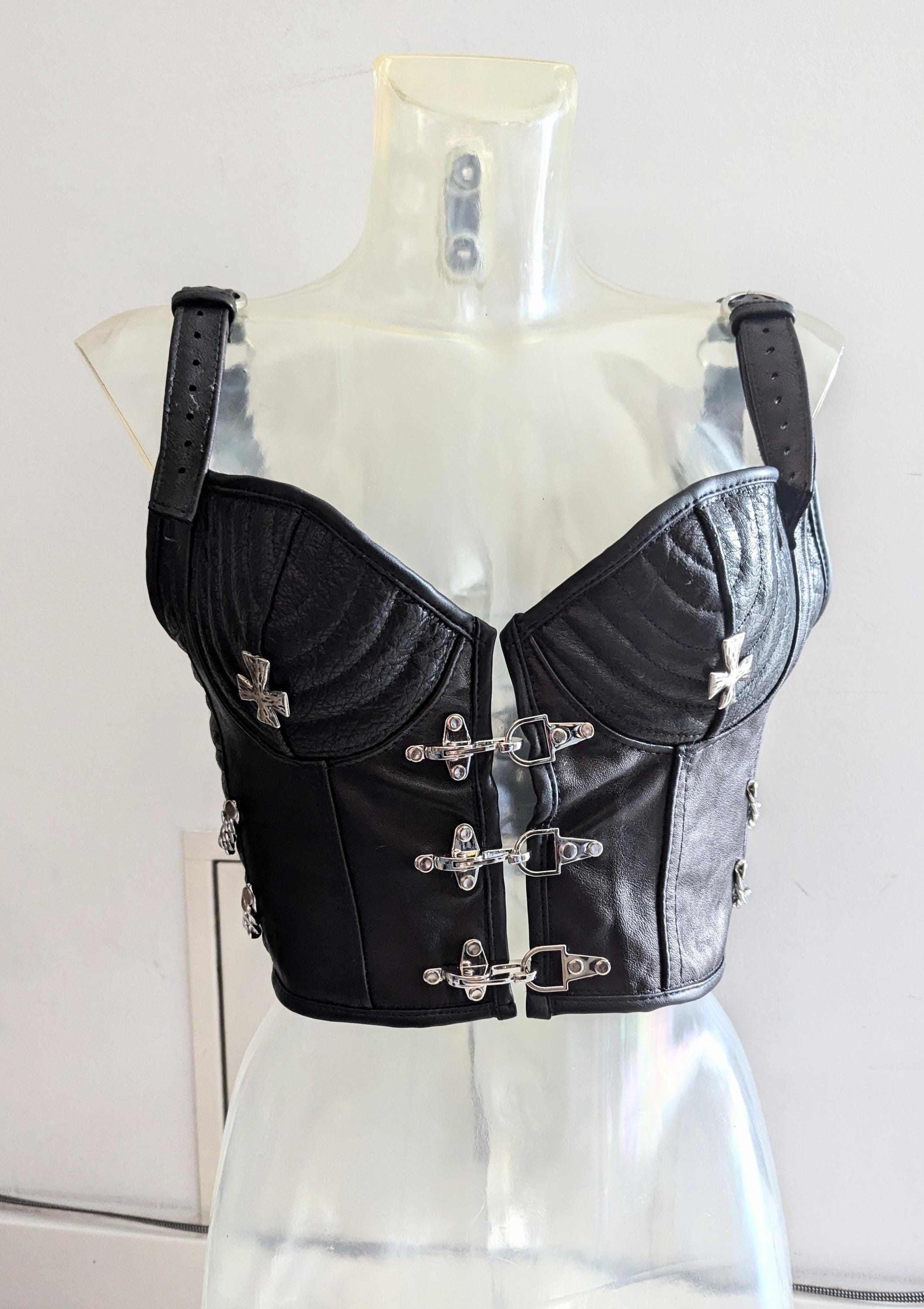 Echtes Leder Schwarzes Biker Bustier Mit Schnallen Und Ketten (größe M ...
