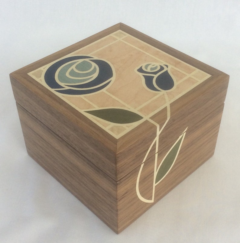 Marquetry Trinket Box Featuring Rennie Mackintosh Style Rose; Art Deco ...