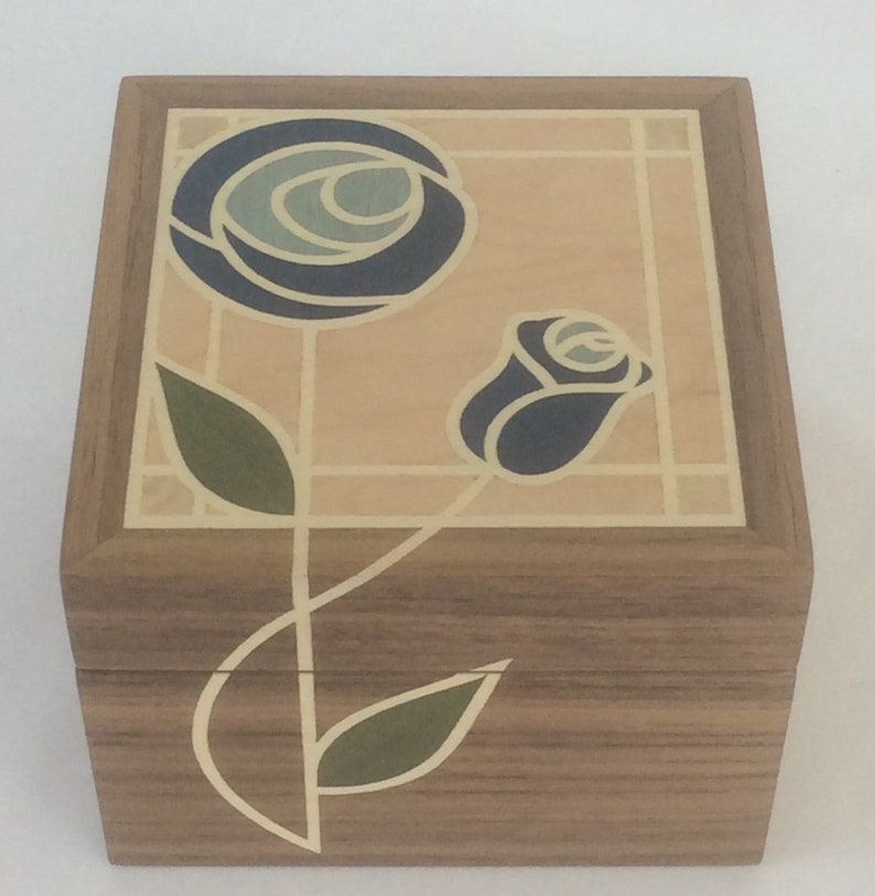 Marquetry Trinket Box Featuring Rennie Mackintosh Style Rose; Art Deco ...