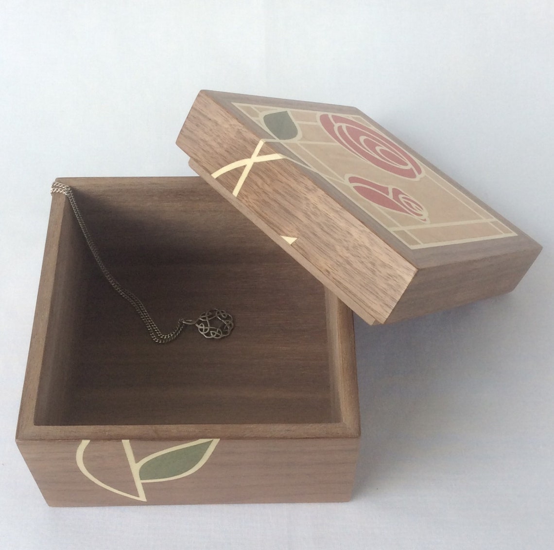 Marquetry Trinket Box Featuring Rennie Mackintosh Style Rose; Art Deco ...