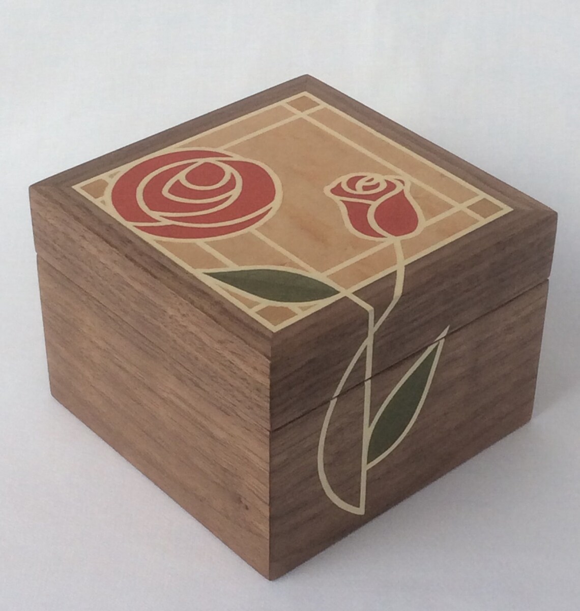 Marquetry Trinket Box Featuring Rennie Mackintosh Style Rose; Art Deco ...
