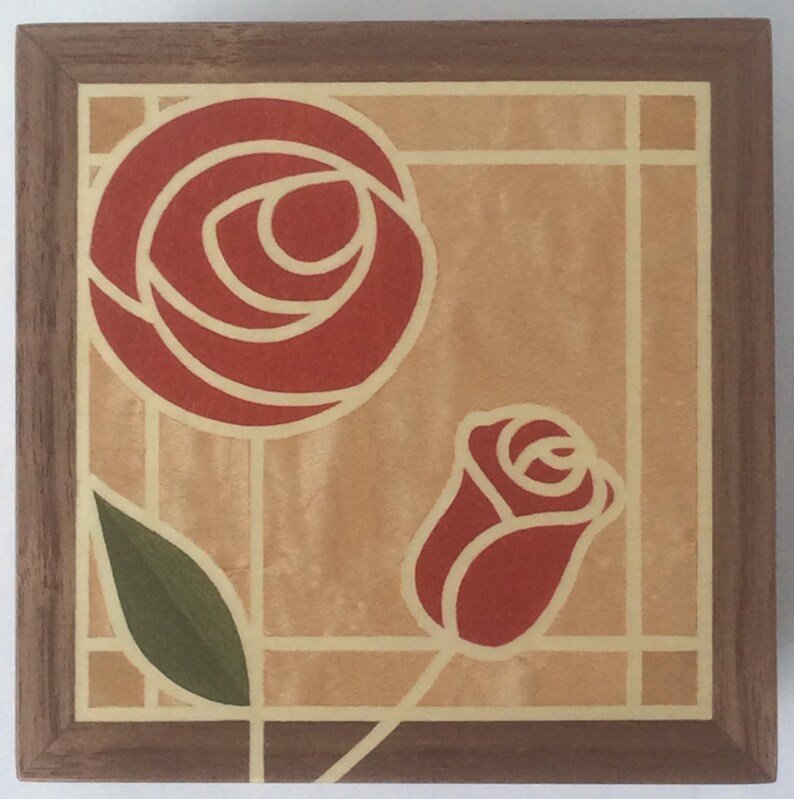 Marquetry Trinket Box Featuring Rennie Mackintosh Style Rose; Art Deco ...
