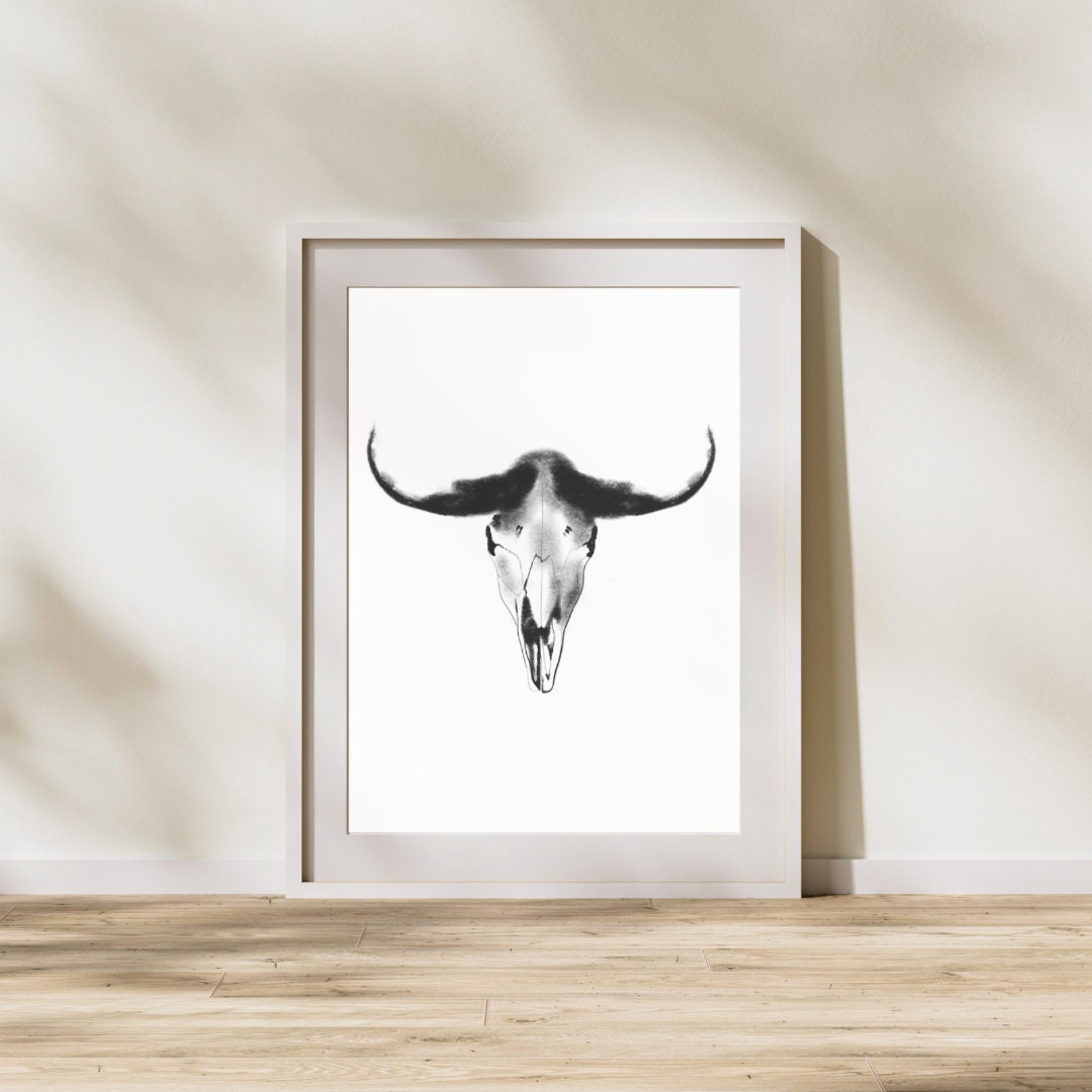 Bull Skull Art Print, Original Art, Animal Bone Art, Boho Cow Skull ...