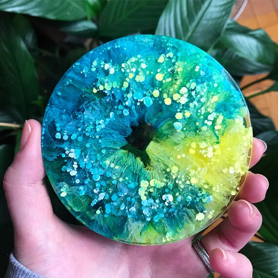 Beachy blue-green and yellow epoxy resin & alcohol ink | Etsy