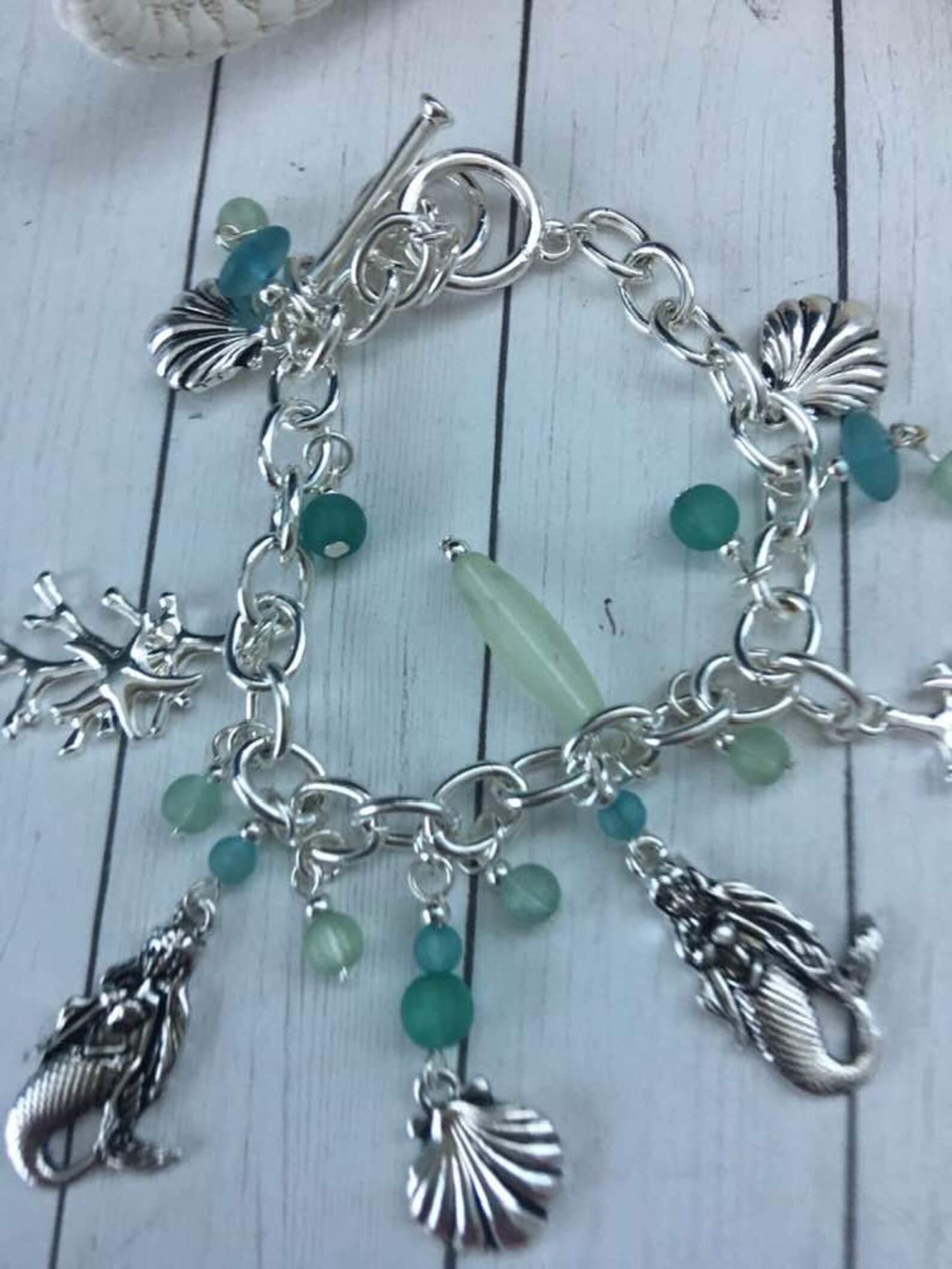 Mermaid Seaglass Beaded Bracelet,coastal Jewelry,mermaid Toggle Charm ...