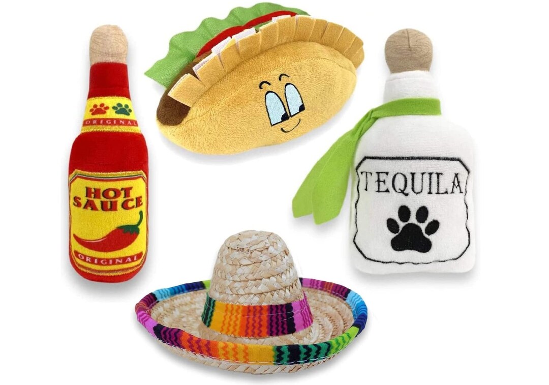 4 Pack Fiesta Dog Chew Toys and Sombrero - Mexican Squeak Plush Toys ...