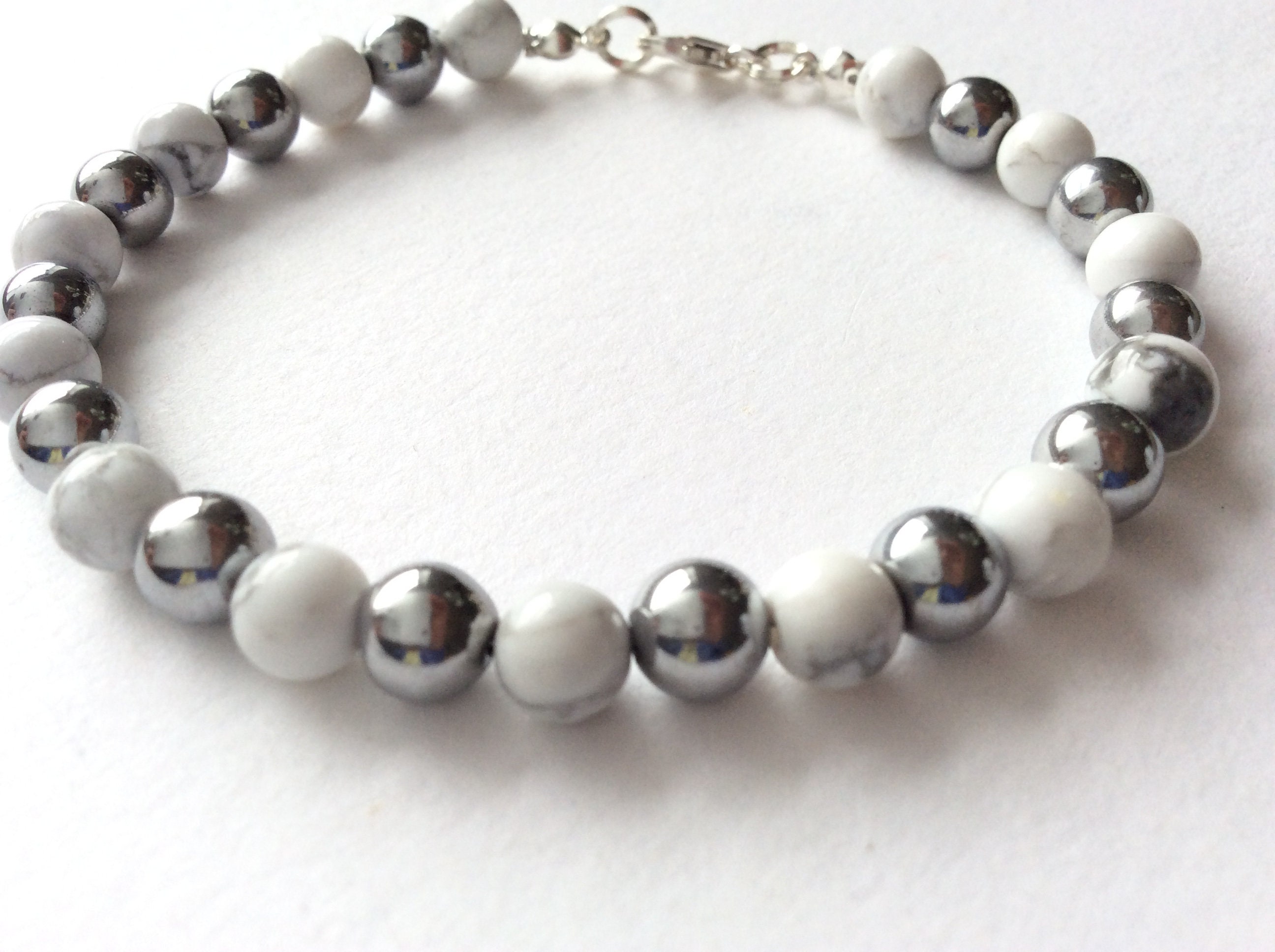 White Howlite and Silver Hematite Gem Bead Bracelet - Etsy UK