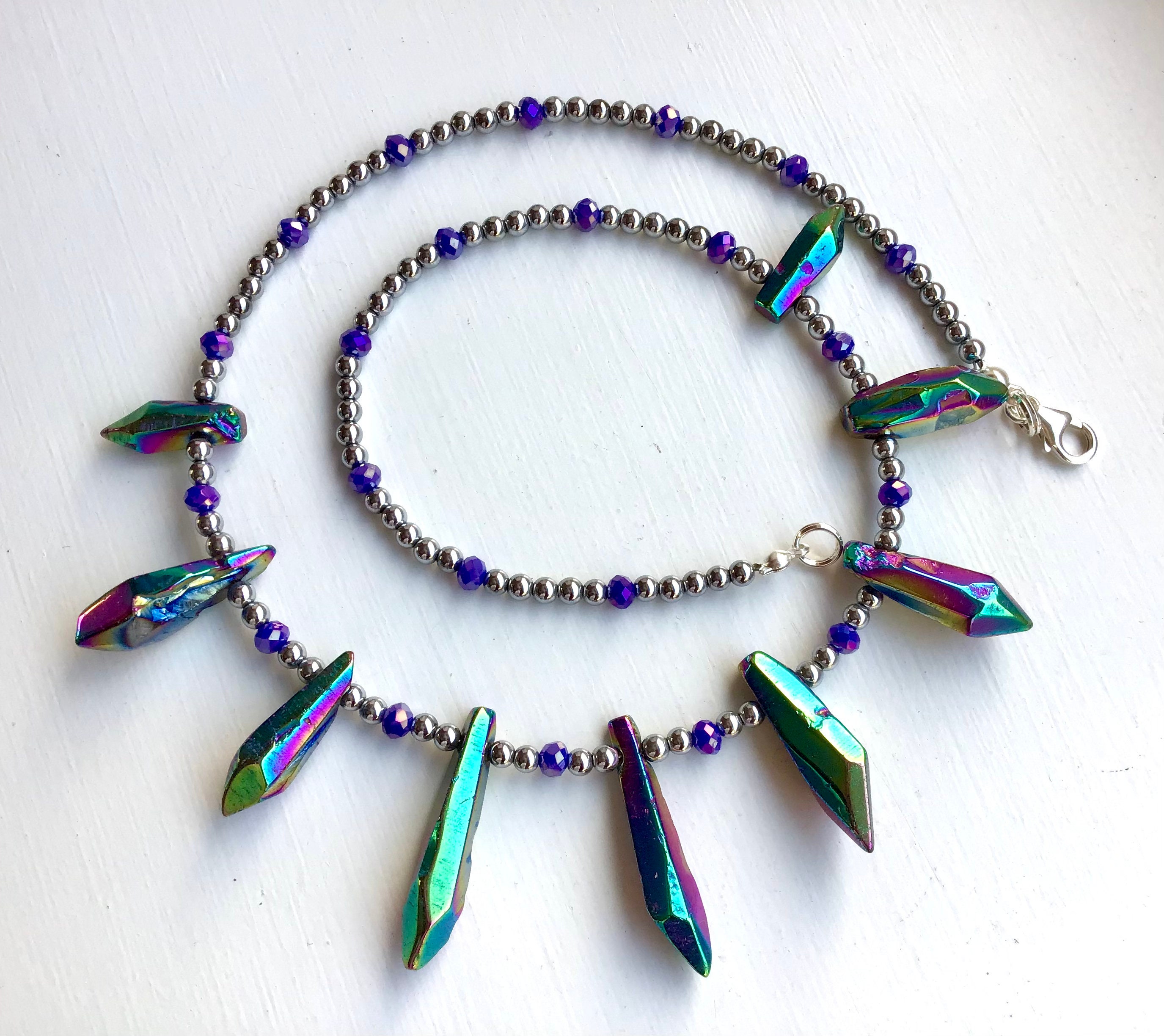 Rainbow Titanium Rock Crystal Spike and Silver Hematite Bib - Etsy