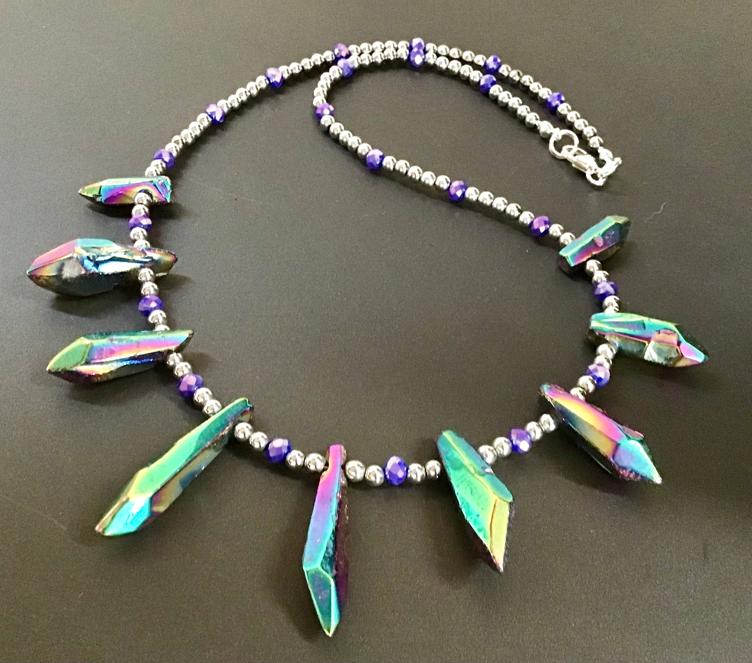 Rainbow Titanium Rock Crystal Spike and Silver Hematite Bib - Etsy