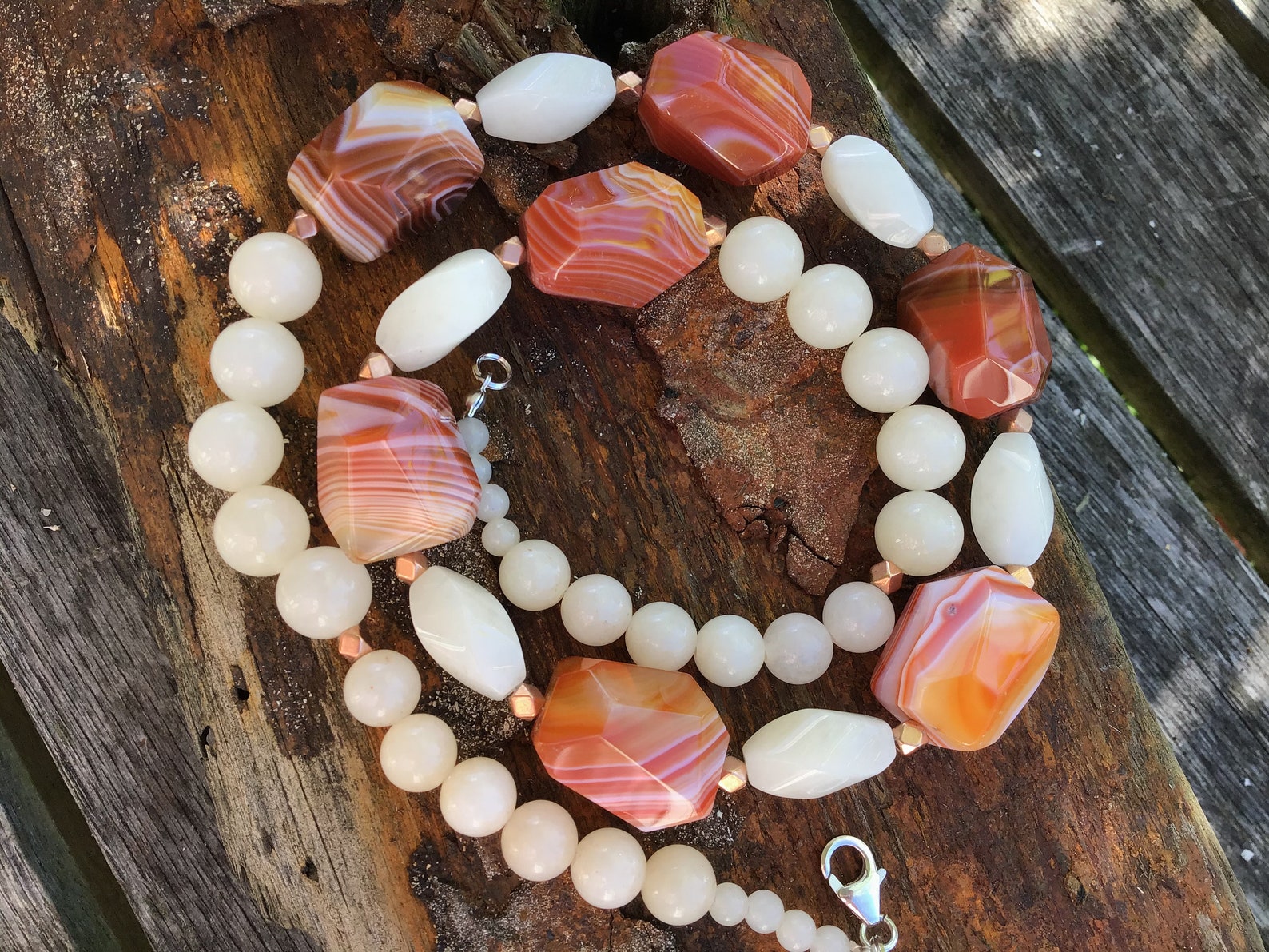Burnt Orange Banded Agate Rose Gold and White Jasper Chunky | Etsy