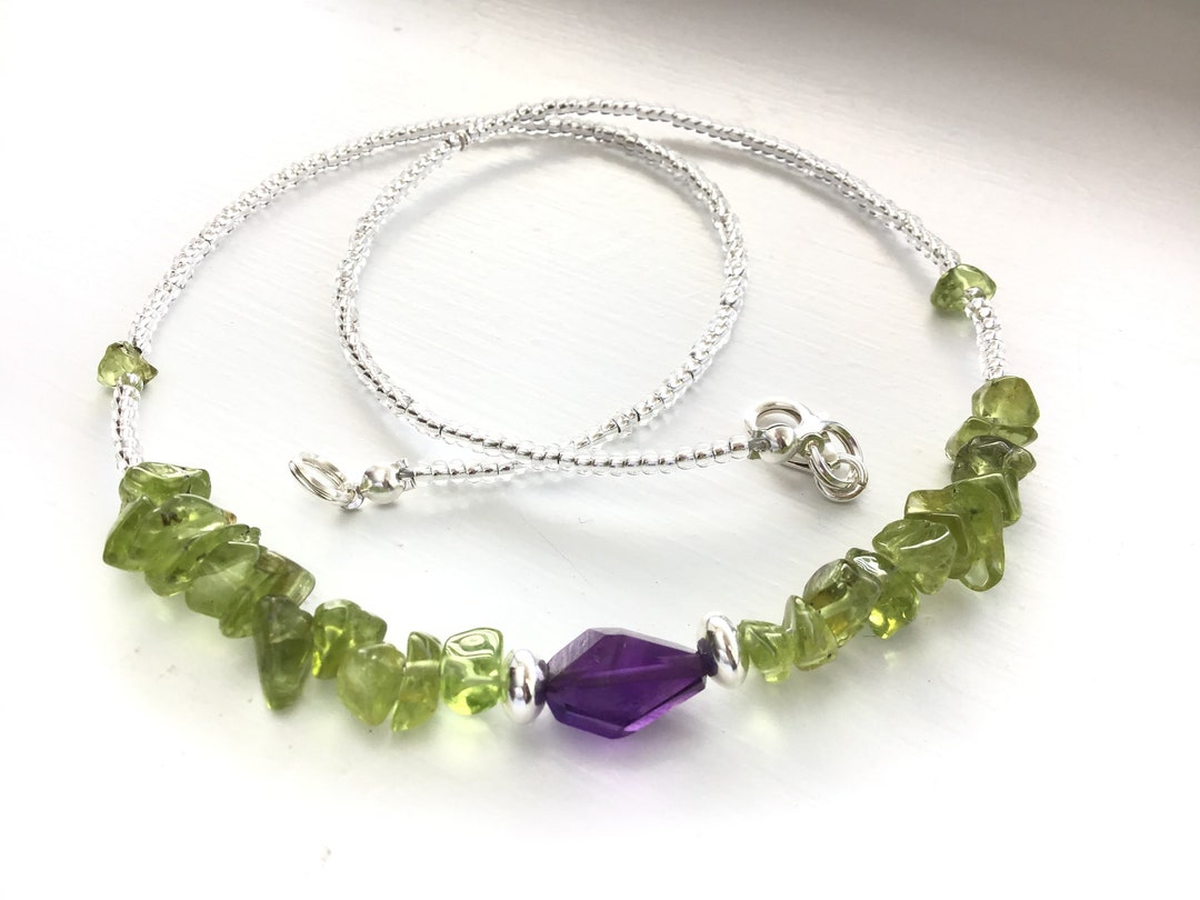 Purple Amethyst, Green Peridot and Silver Crystal Fine Gem Necklace - Etsy