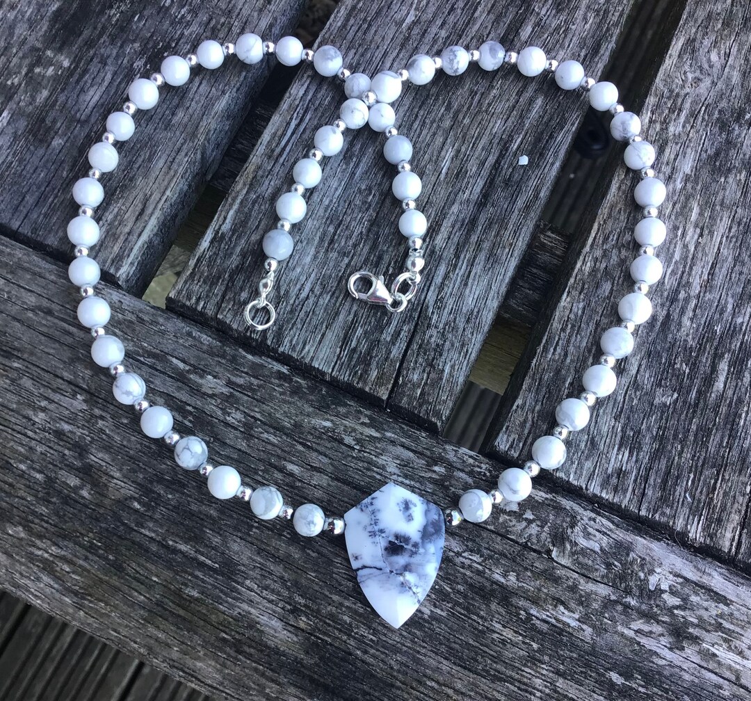 Dendritic Agate, White Howlite and Silver Hematite Pendant Necklace - Etsy