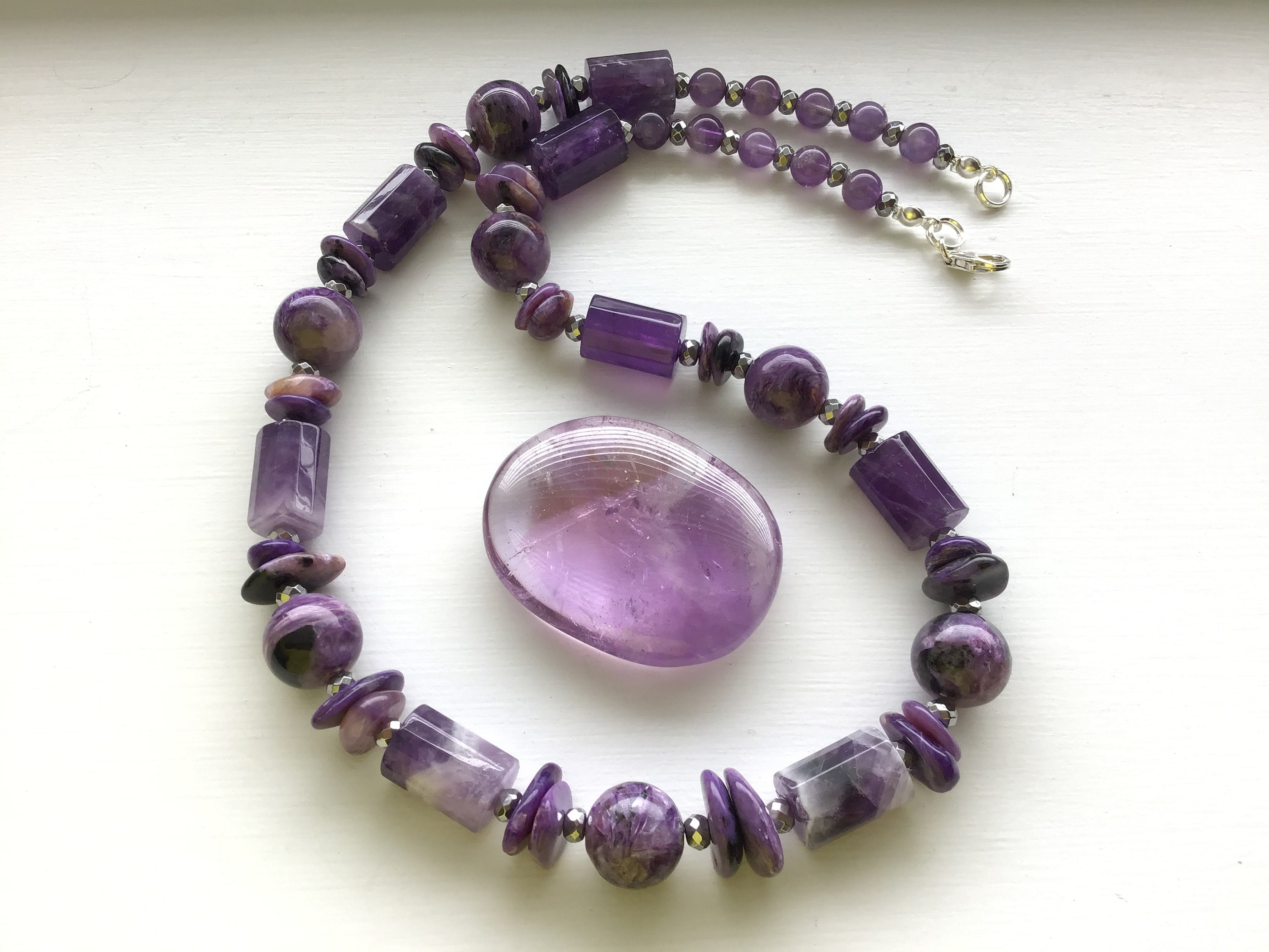 Rare Charoite Amethyst and Hematite Gem Bead Necklace | Etsy