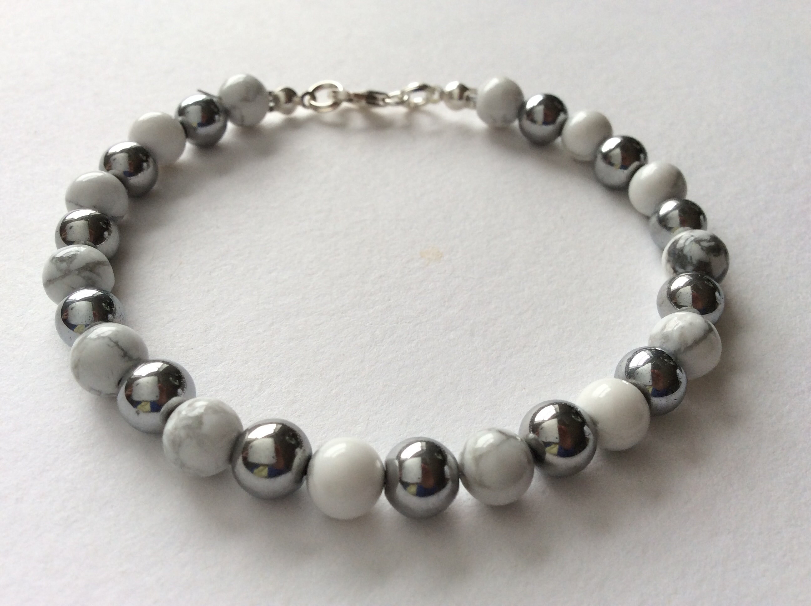 White Howlite and Silver Hematite Gem Bead Bracelet - Etsy UK