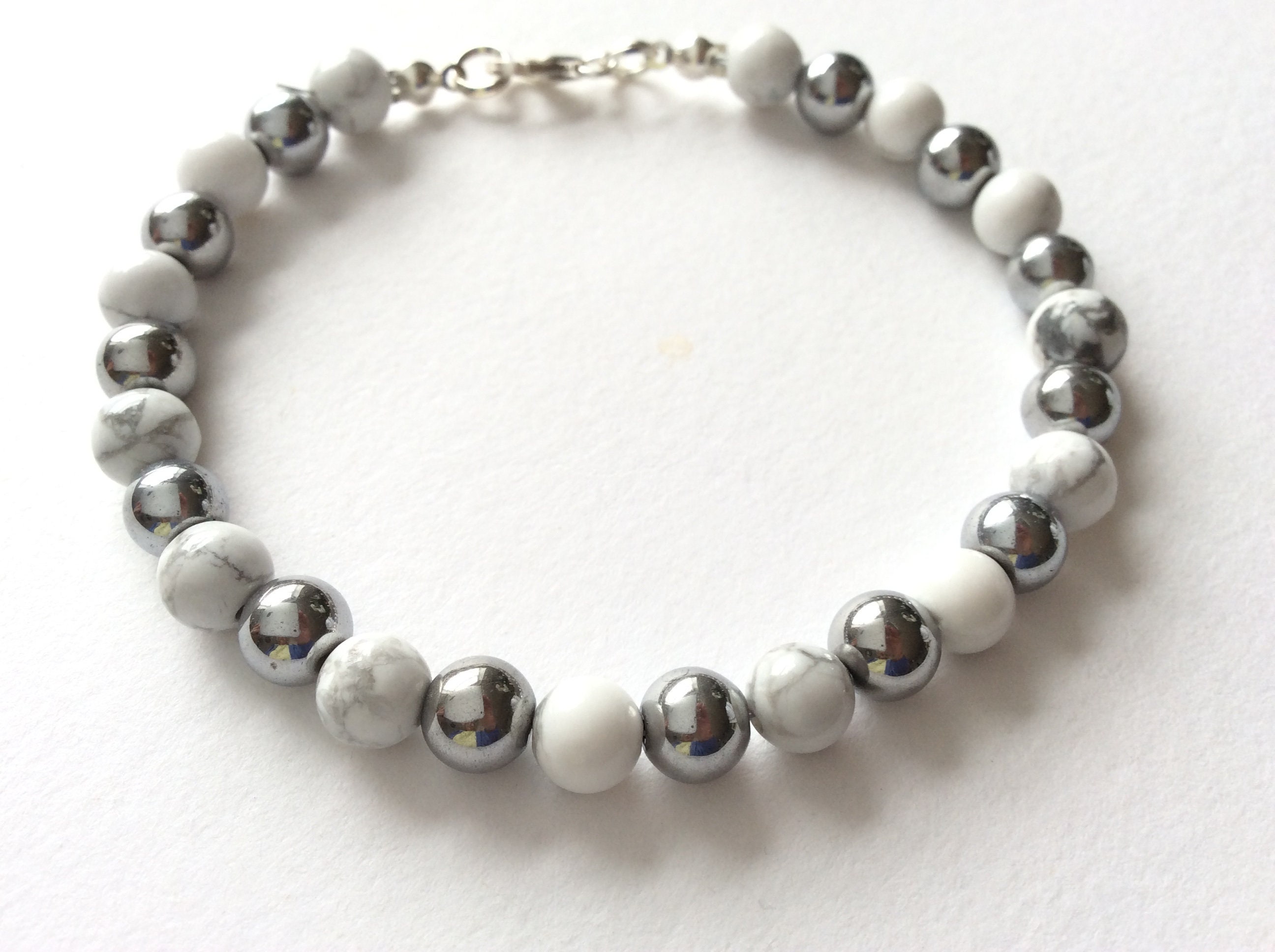White Howlite and Silver Hematite Gem Bead Bracelet - Etsy UK
