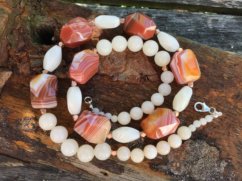 Burnt Orange Banded Agate Rose Gold and White Jasper Chunky - Etsy UK