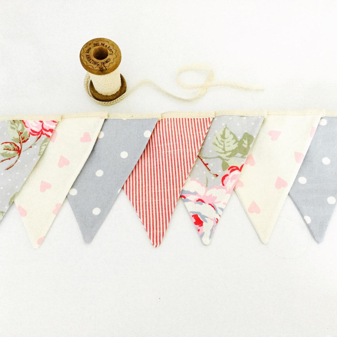 Fabric Bunting, Rose & Blue, Floral, Handmade, Banner, Cottage, Wedding ...