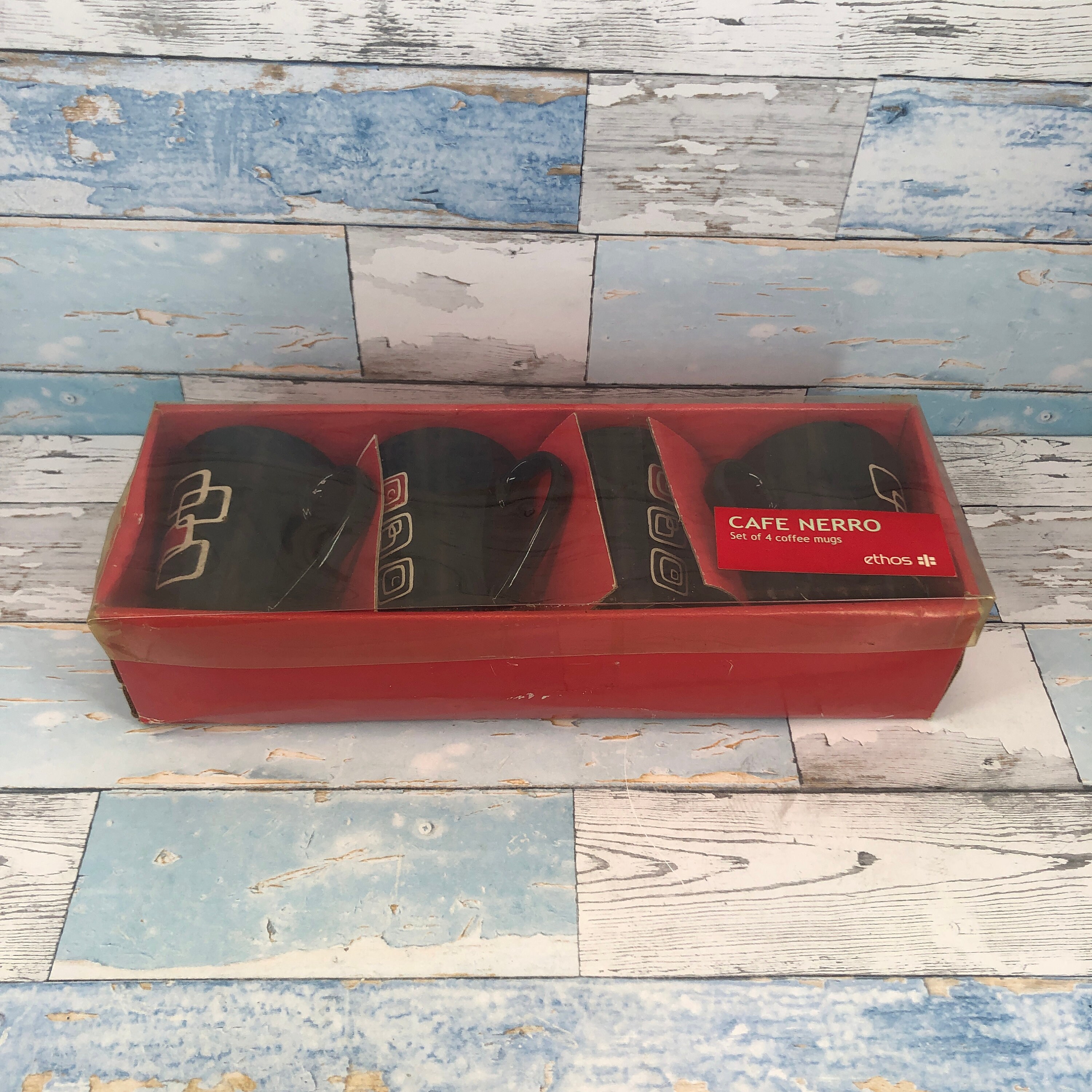 Ethos Caffe Cafe Nerro Mugs X4 NIB Coffee Tea Mugs Black White Red ...