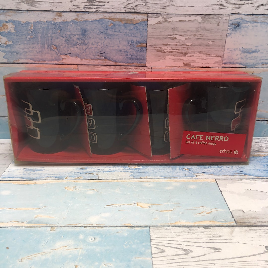 Ethos Caffe Cafe Nerro Mugs X4 NIB Coffee Tea Mugs Black White Red ...