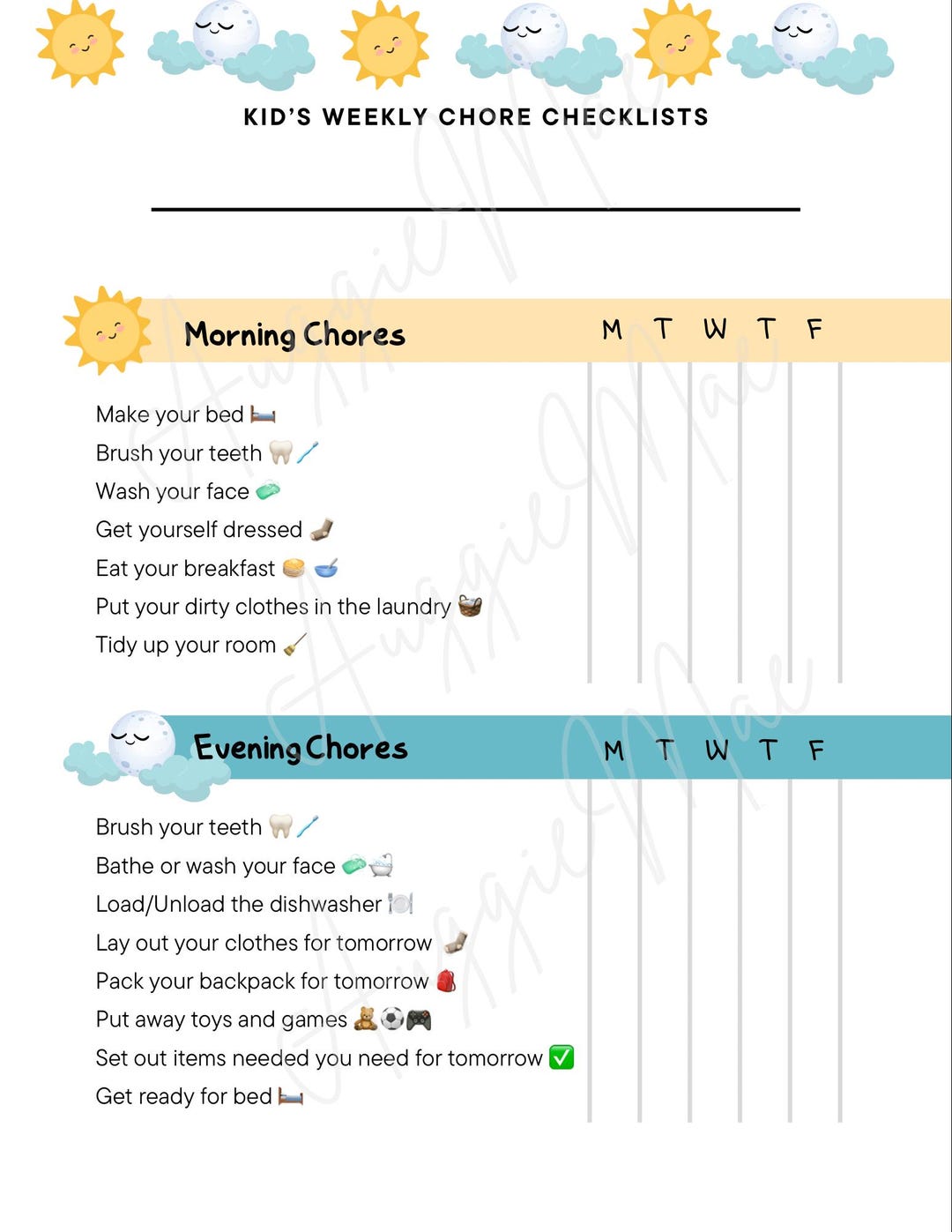 Kids Weekly Chore Chart Printable | Morning and Evening Routine ...