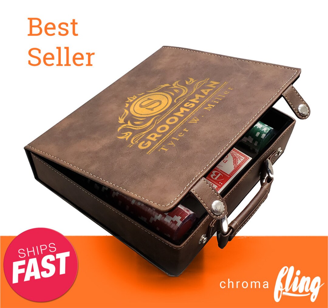 Groomsman Monogram Laser Engraved Poker Chip Set-brown Case With Gold ...