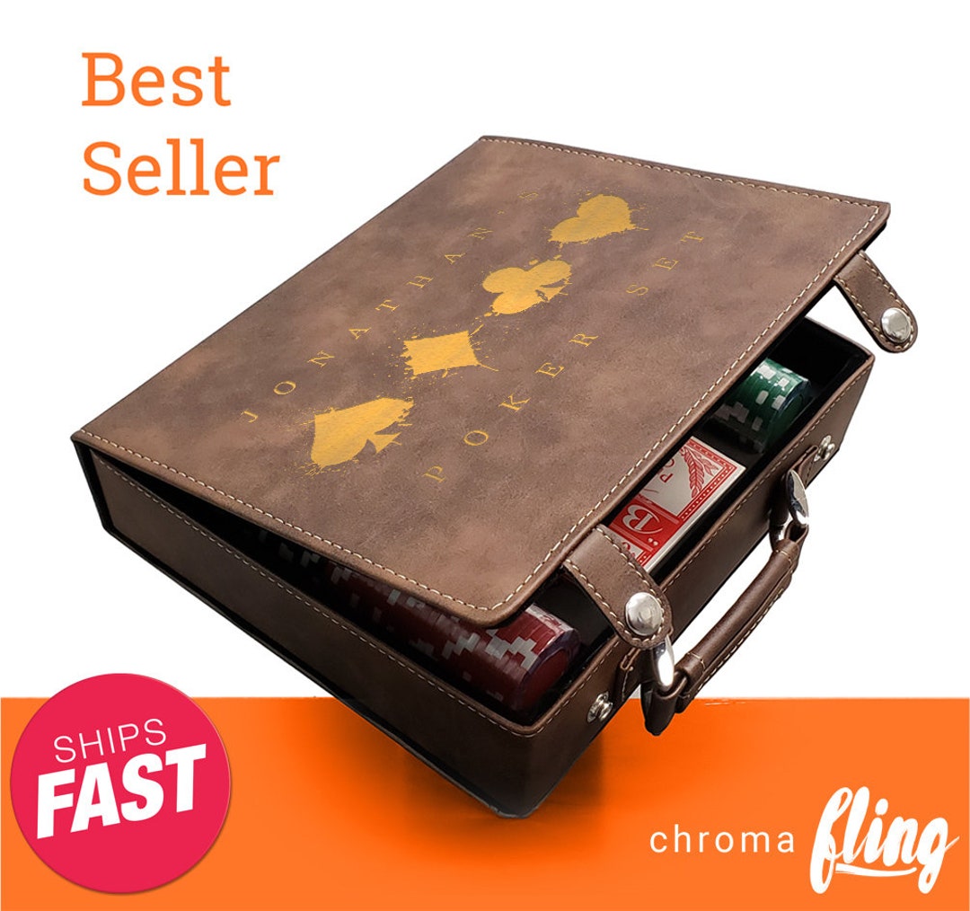 Card Suits Splatter Laser Engraved Poker Chip Set-brown Case With Gold ...