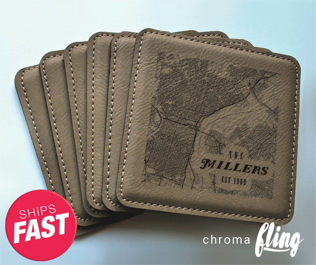 Personalized Philadelphia Map Family Establsihed Leather Coaster Set ...
