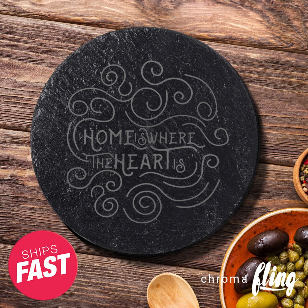 Home Heart Swirls Slate Round Table Mat - Laser Engraved Black Slate ...
