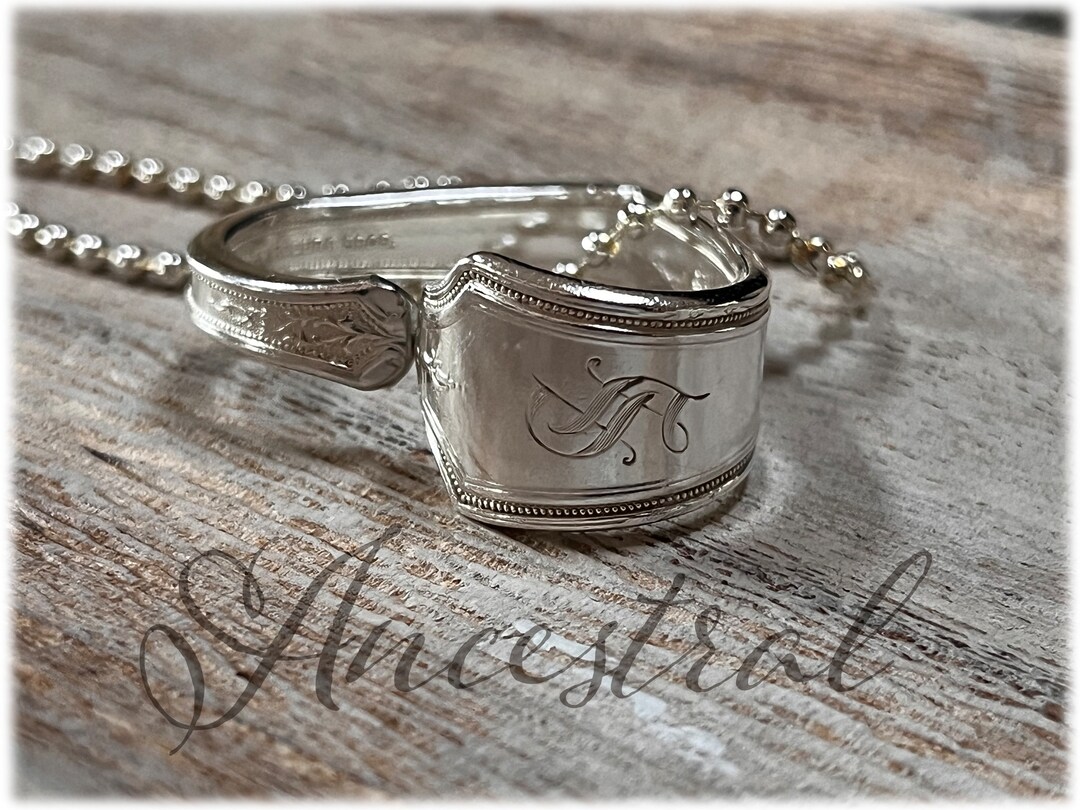 1924 Ancestral, Silver Spoon Floating Heart Pendant, Monogram S, Bead ...