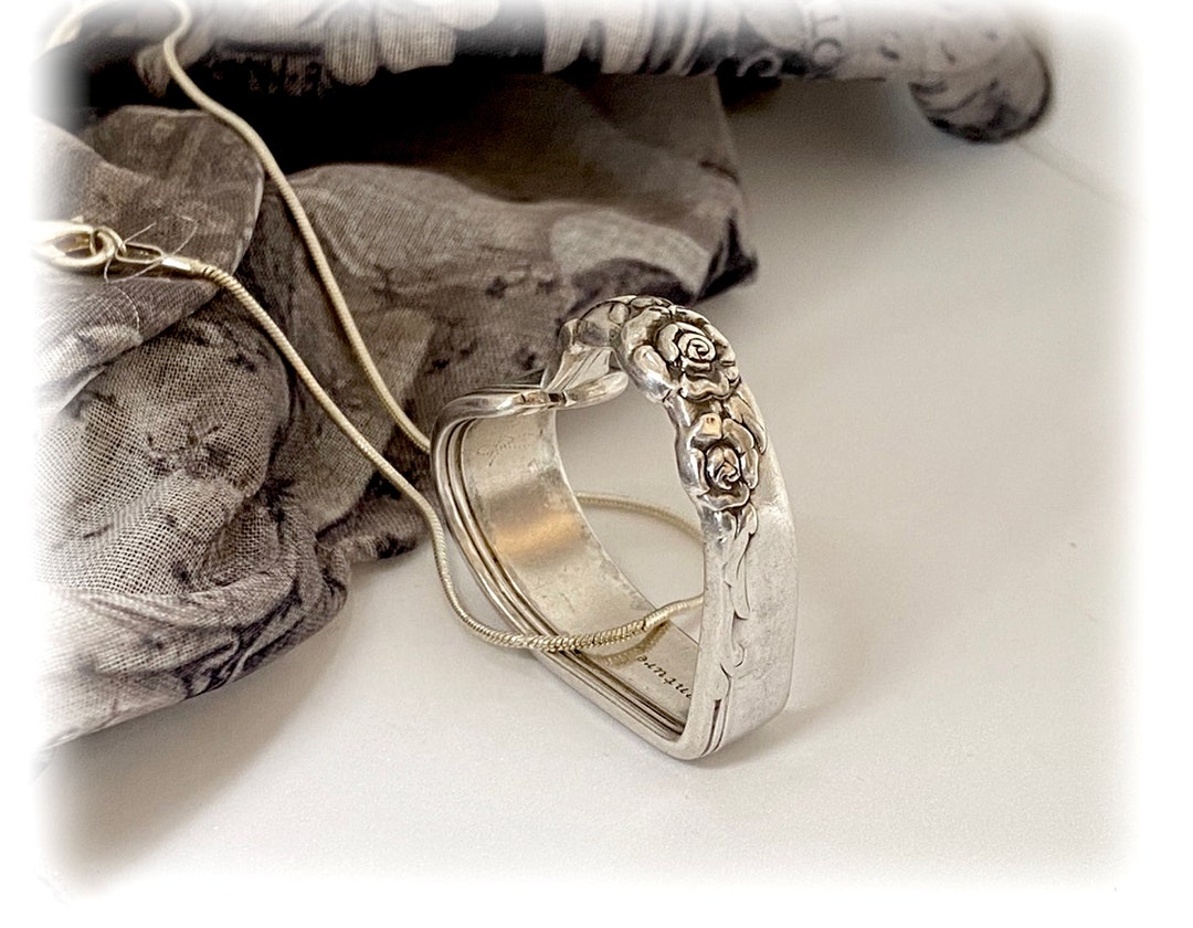 Vintage Silverplate Heart Pendant: Upcycled Spoon Jewelry, Rose Motif ...