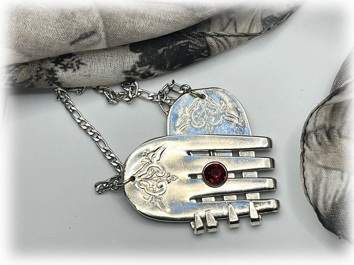 Upcycled Silver Plate Fork Heart Pendant - Red Crystal Rivet - Etsy