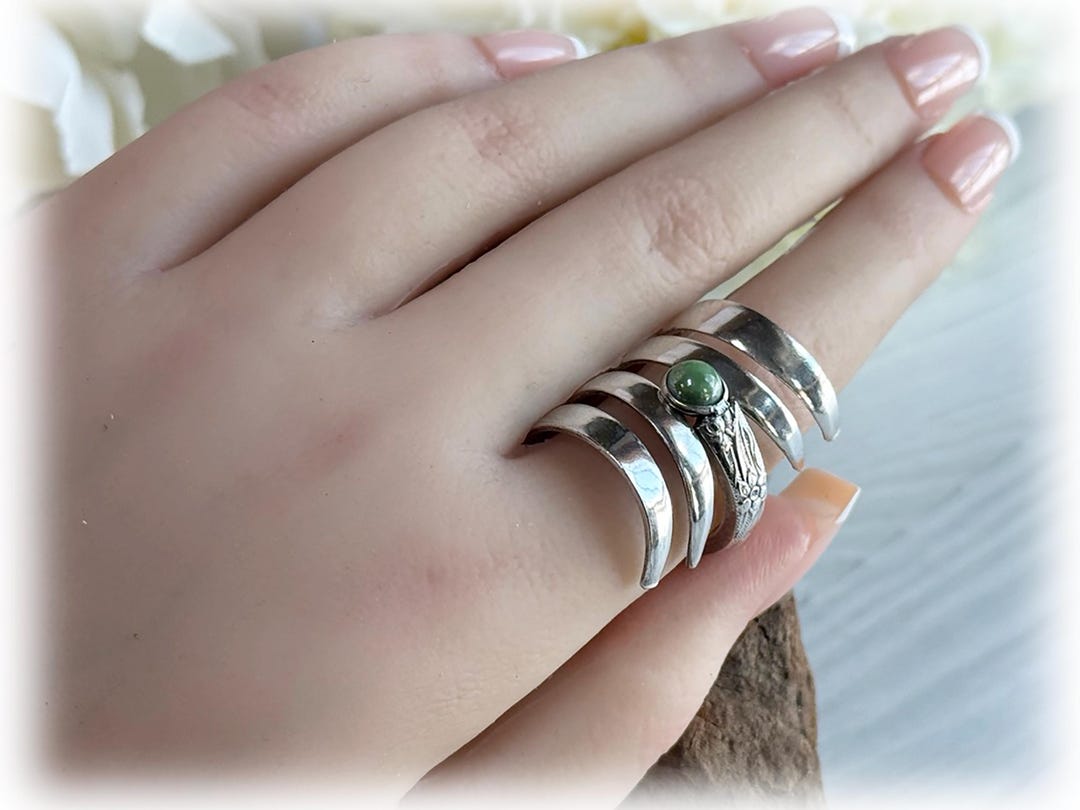 Quad Tine Fork Ring, Green Pearly Stone, 1935 Silverplate Narcissus ...