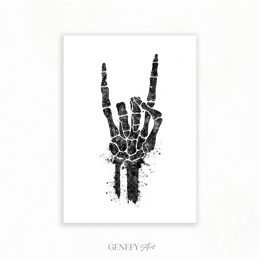 Rock on Skeleton Hand Watercolor Art Print Rock and Roll - Etsy