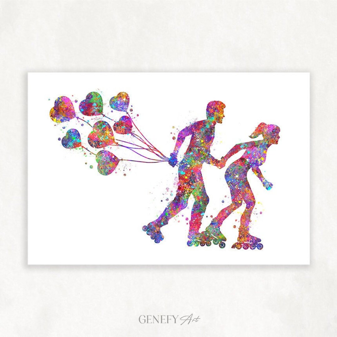 Couple Rollerblading Watercolour Art Rollerblading Gift Ideas ...