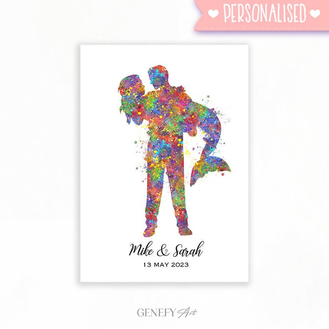 Personalised Mermaid Couple Watercolour Print Couple Prints Wedding ...