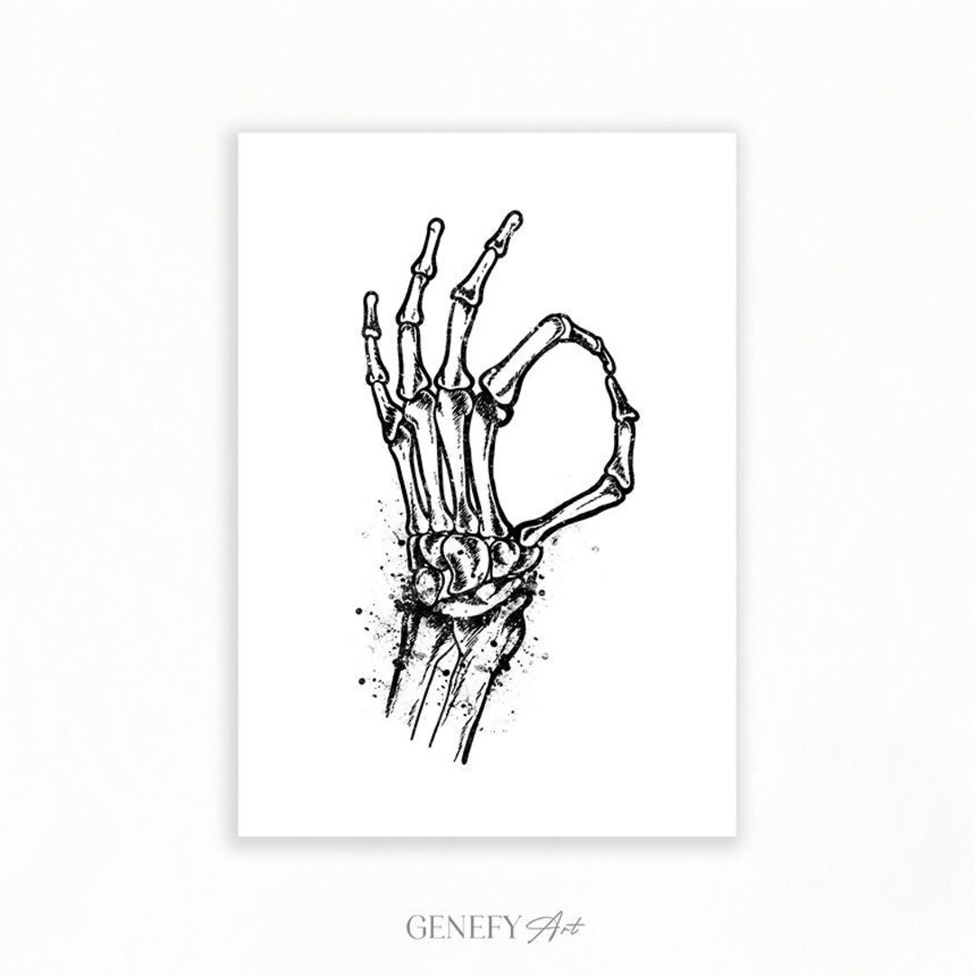 OK Skeleton Hand Black and White Watercolour Art Print OK Skeleton Hand ...