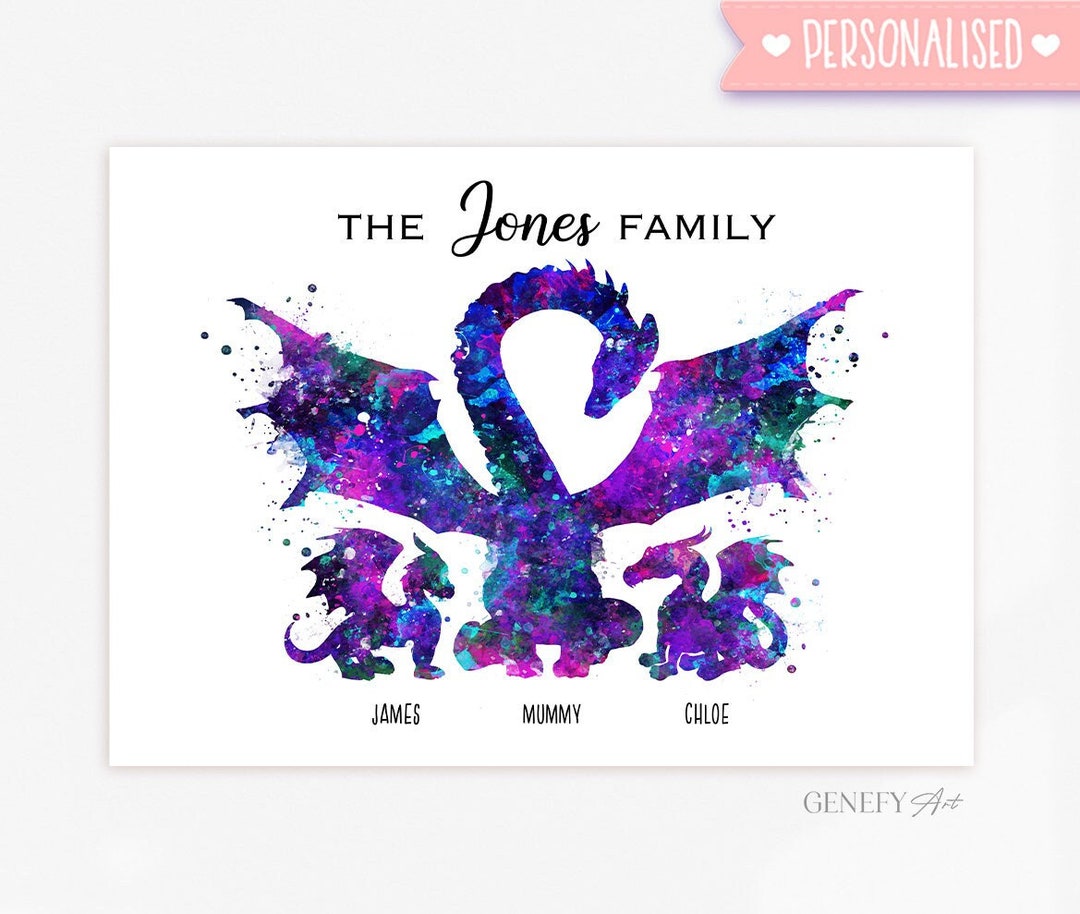 Personalized Dragon Family Watercolor Print: Custom Family Portrait - Etsy