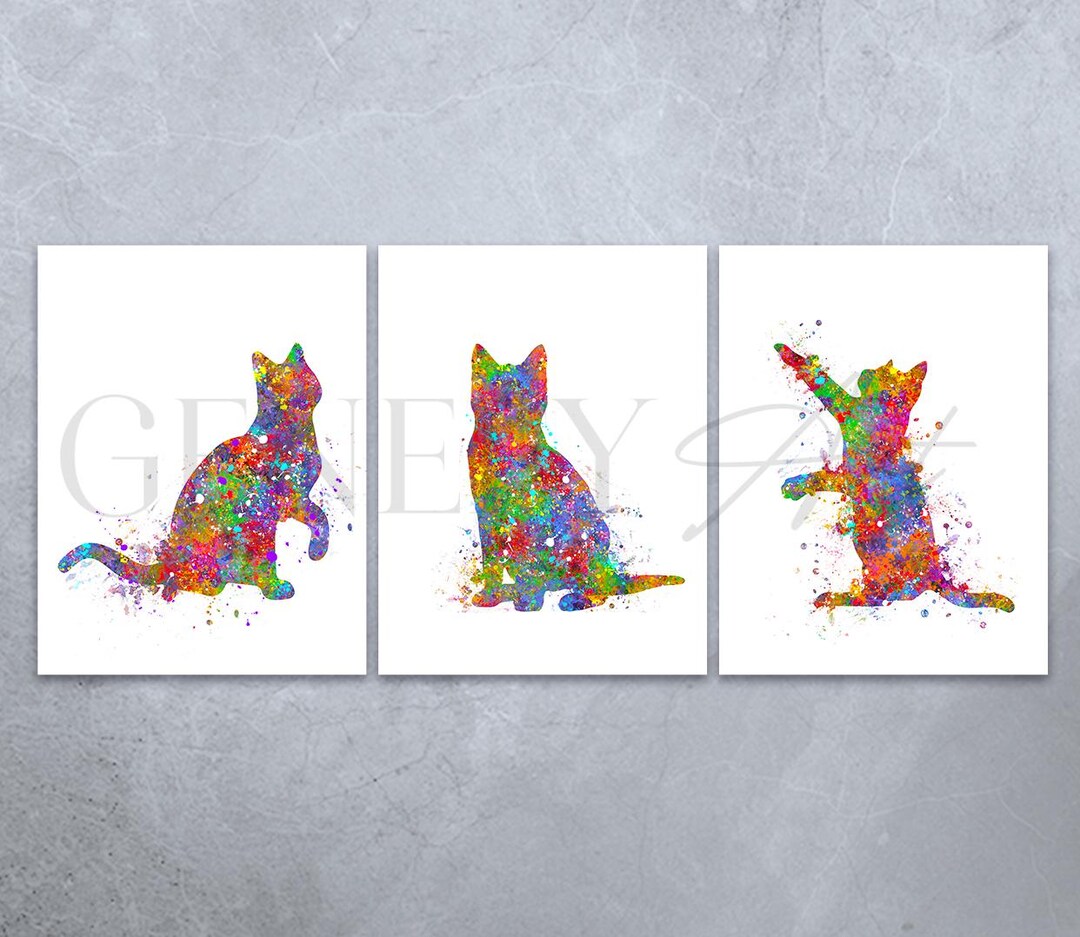 Cat Watercolour Art Print - Set of 3 Prints - Cat Portrait - Cat ...