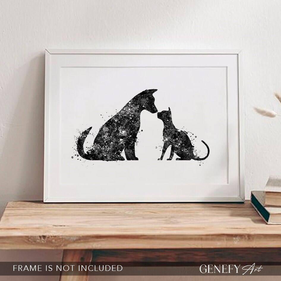 Cat and Dog Watercolor Print Cat and Dog Poster Cat and - Etsy