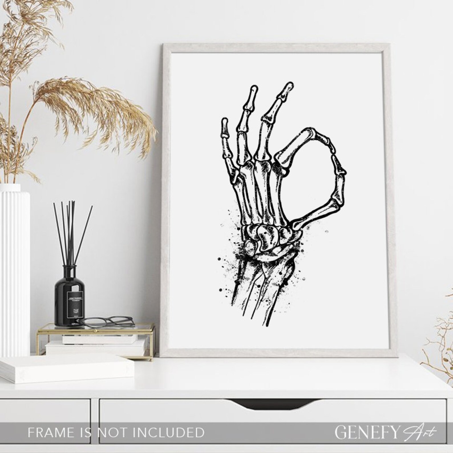 OK Skeleton Hand Black and White Watercolour Art Print OK Skeleton Hand ...