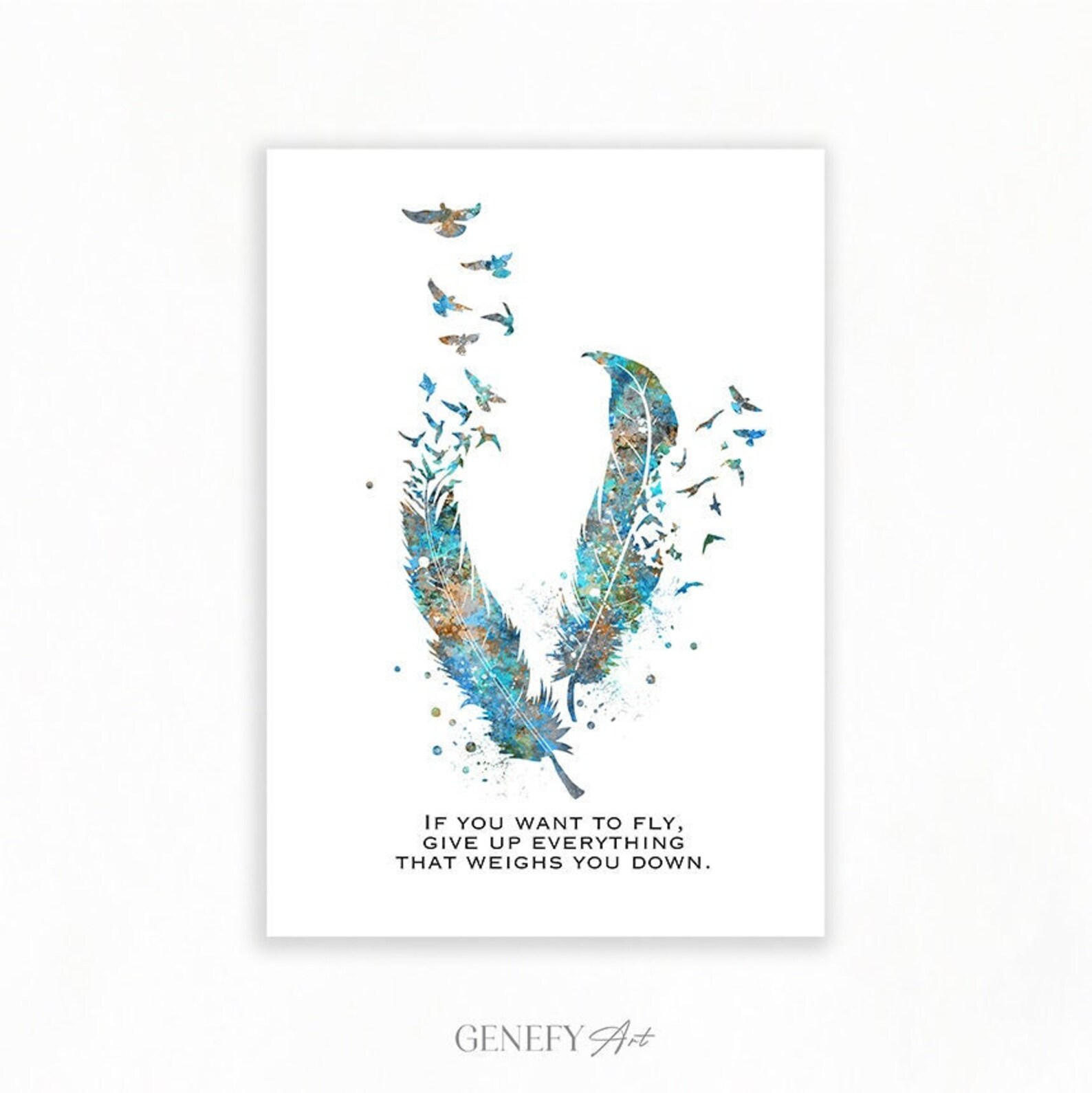 Birds Feather Quote Teal Watercolour Art Print Inspirational Quotes ...