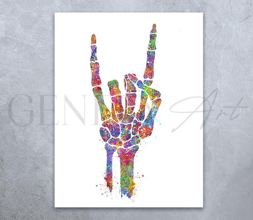 Rock on Skeleton Hand Watercolor Art Print - Rock and Roll Sign - Etsy