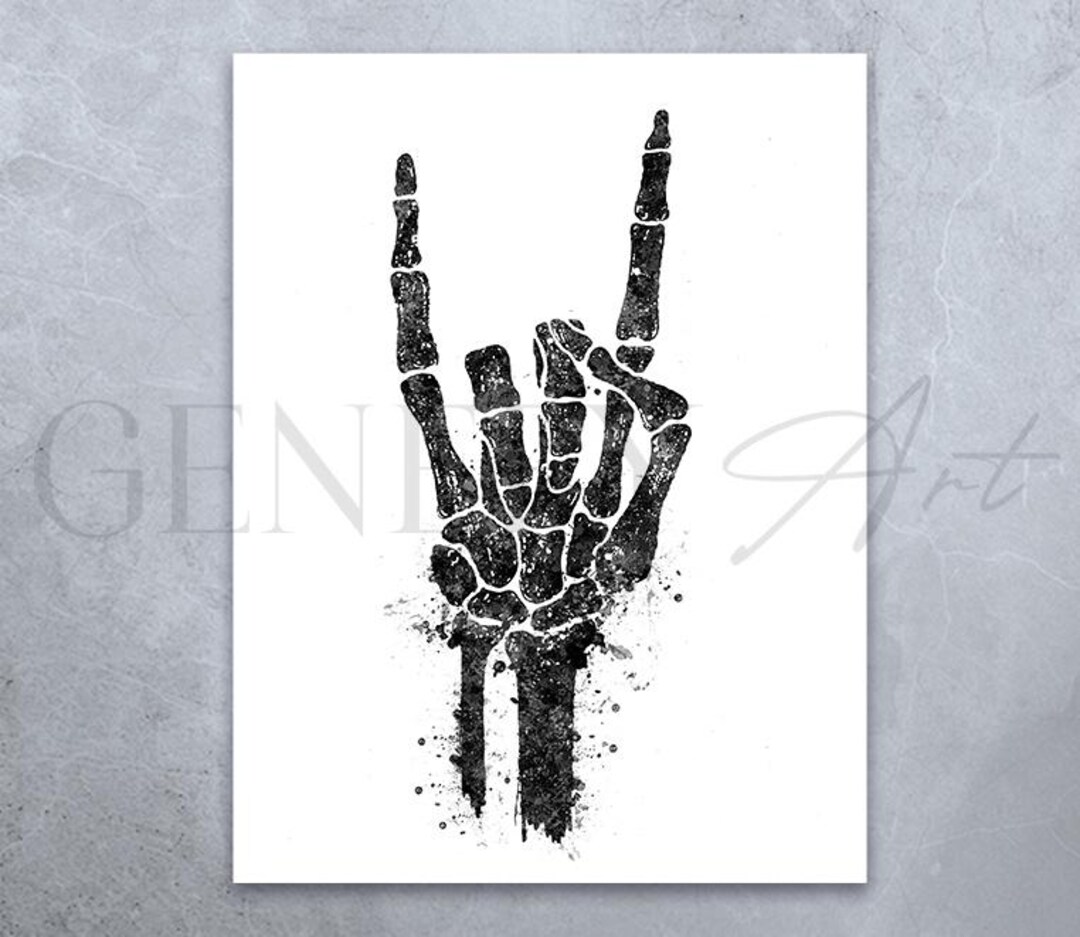 Rock on Skeleton Hand Watercolor Art Print - Halloween Decor - Etsy