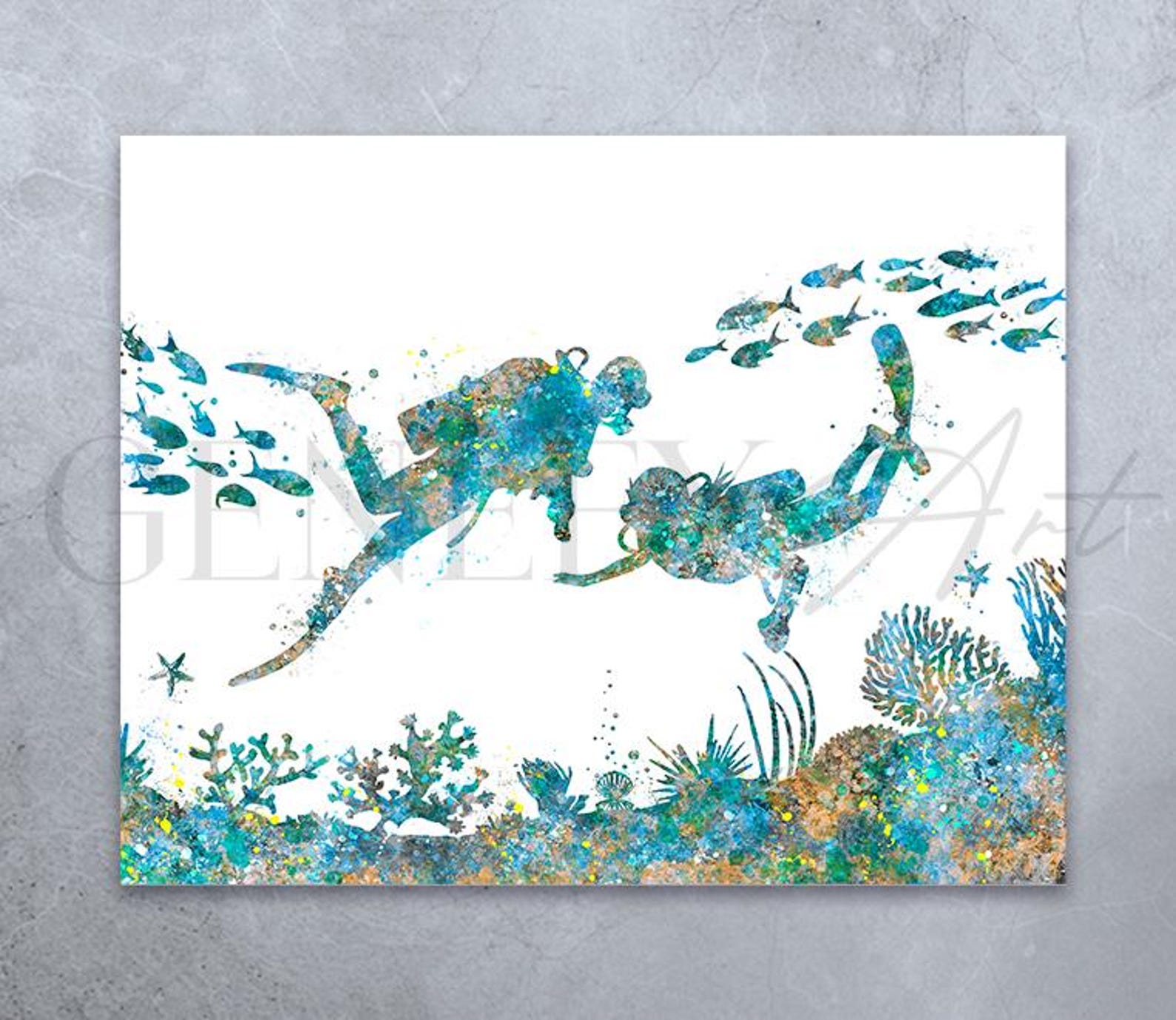 Scuba Diving Couple Watercolor Art Print: Underwater Sports Poster - Etsy