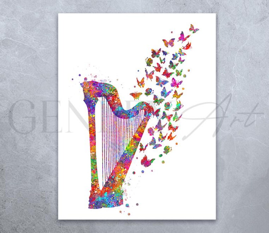 Harp Watercolour Art Print - Harp Music Instrument Watercolour Art ...