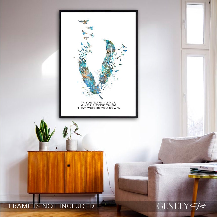 Teal Feather Watercolor Art Print: Inspirational Bird Quote - Etsy