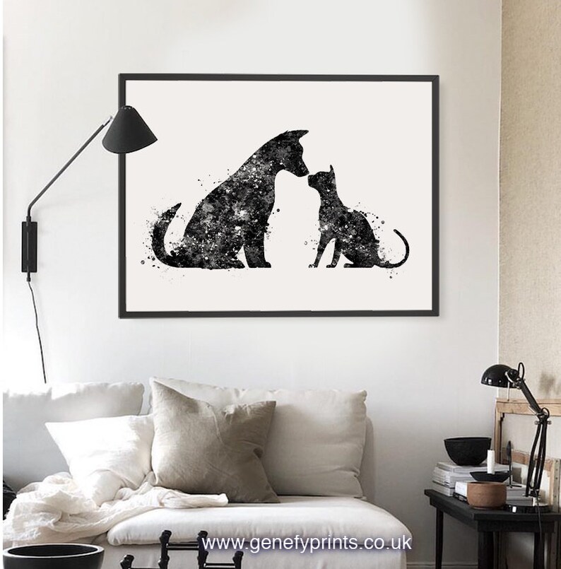 Cat and Dog Watercolor Print Cat and Dog Poster Cat and | Etsy